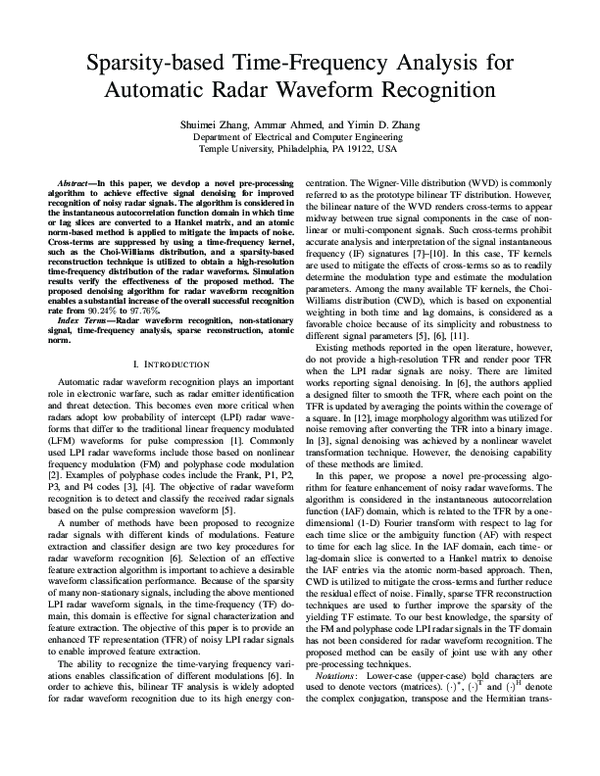 Pdf Sparsity Based Time Frequency Analysis For Automatic Radar Waveform Recognition