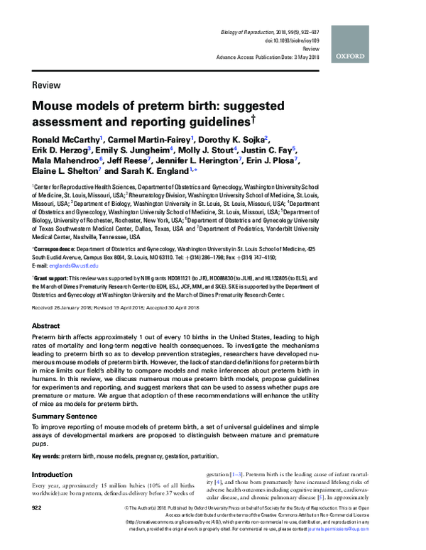 (PDF) Mouse models of preterm birth: suggested assessment and reporting ...
