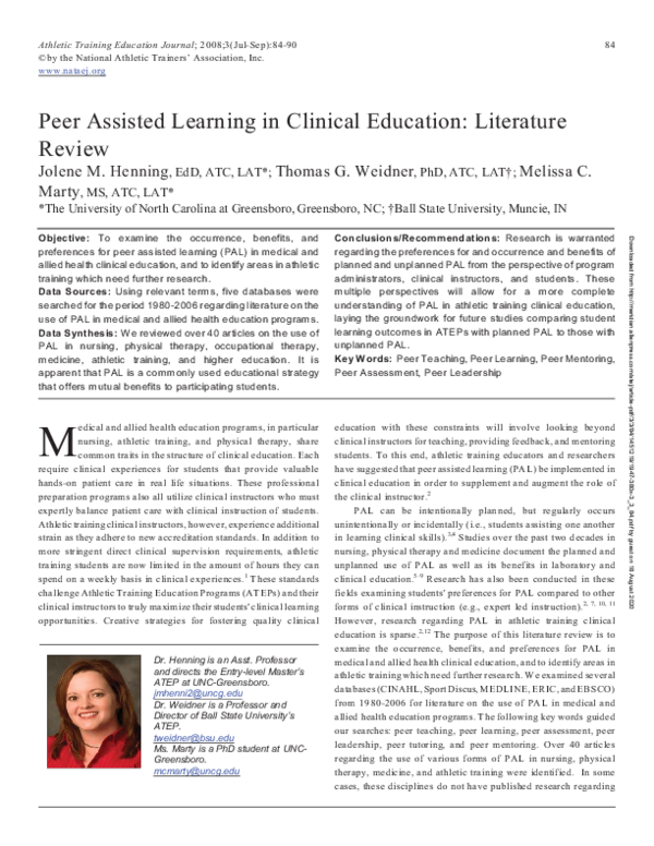 (PDF) Peer Assisted Learning in Clinical Education: Literature