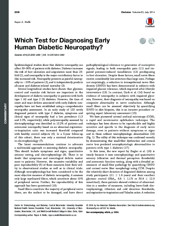 (PDF) Which test for diagnosing early human diabetic neuropathy?