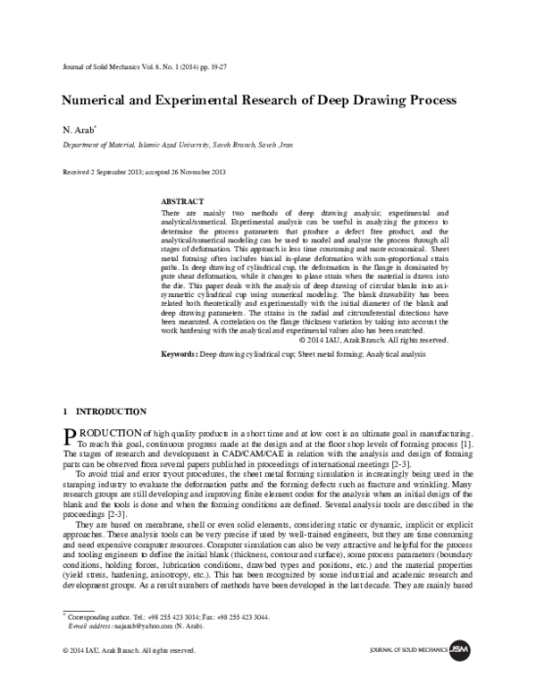 (PDF) Numerical and Experimental Research of Deep Drawing Process