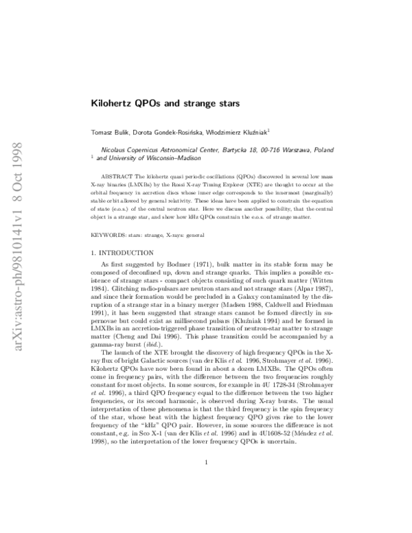 (PDF) Kilohertz QPOs and strange stars