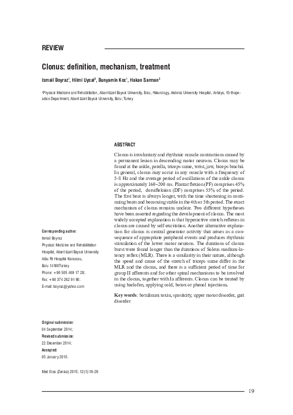 (PDF) Clonus: definition, mechanism, treatment