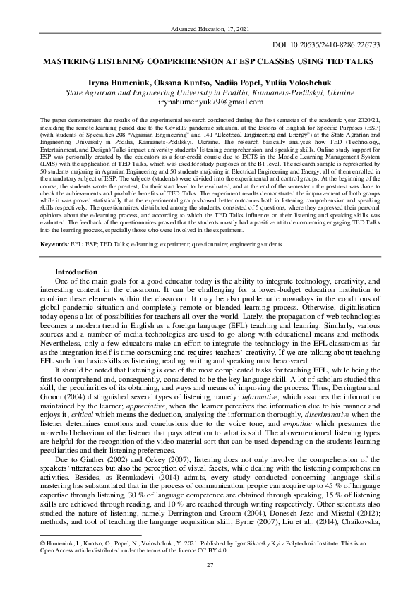 (PDF) Mastering Listening Comprehension at Esp Classes Using Ted Talks