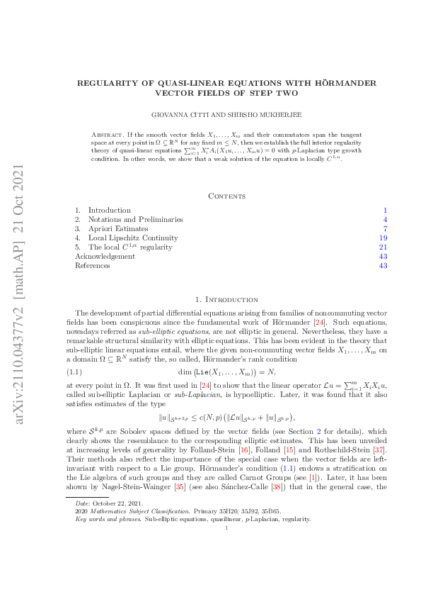 (PDF) Regularity of quasi-linear equations with H\"ormander vector ...