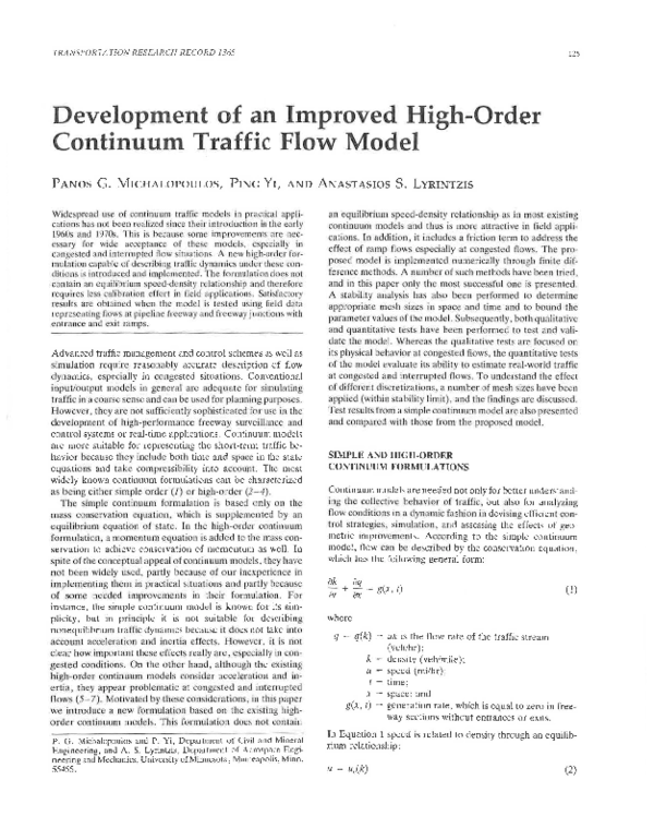 Pdf Development Of An Improved High Order Continuum Traffic Flow Model