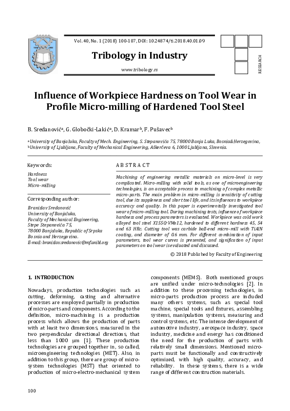 Pdf Influence Of Workpiece Hardness On Tool Wear In Profile Micro Milling Of Hardened Tool Steel