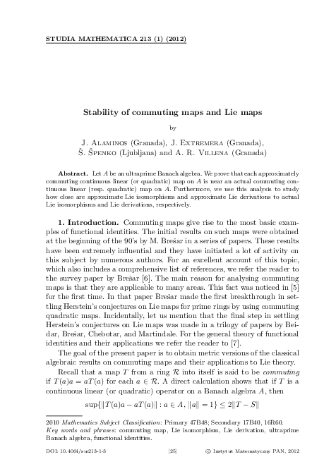 (PDF) Stability of commuting maps and Lie maps