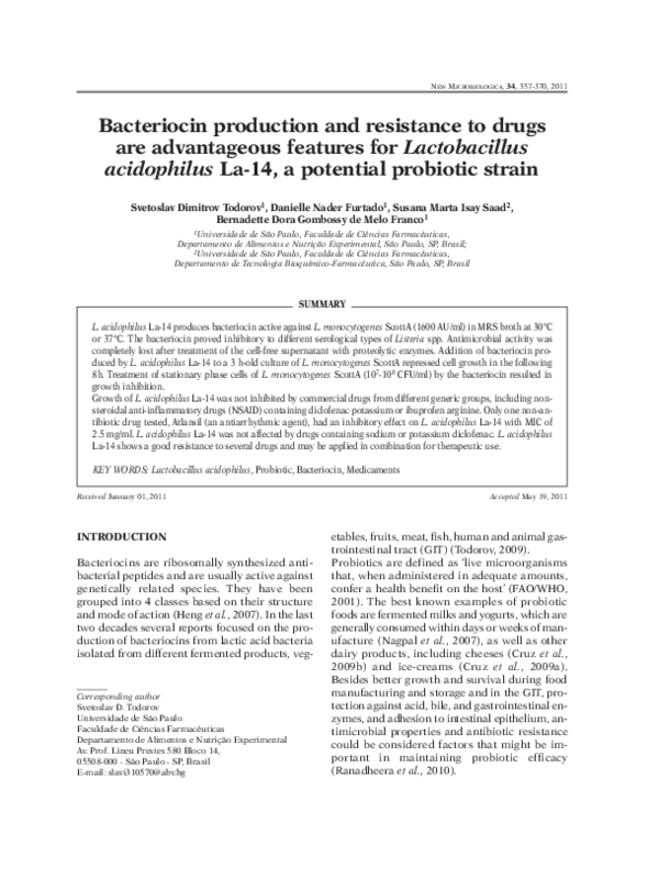 (PDF) Bacteriocin production and resistance to drugs are advantageous features for Lactobacillus ...