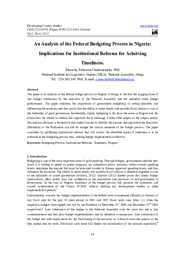 (PDF) An Analysis of the Federal Budgeting Process in Nigeria ...