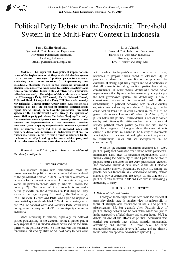 (PDF) Political Party Debate on the Presidential Threshold System in ...