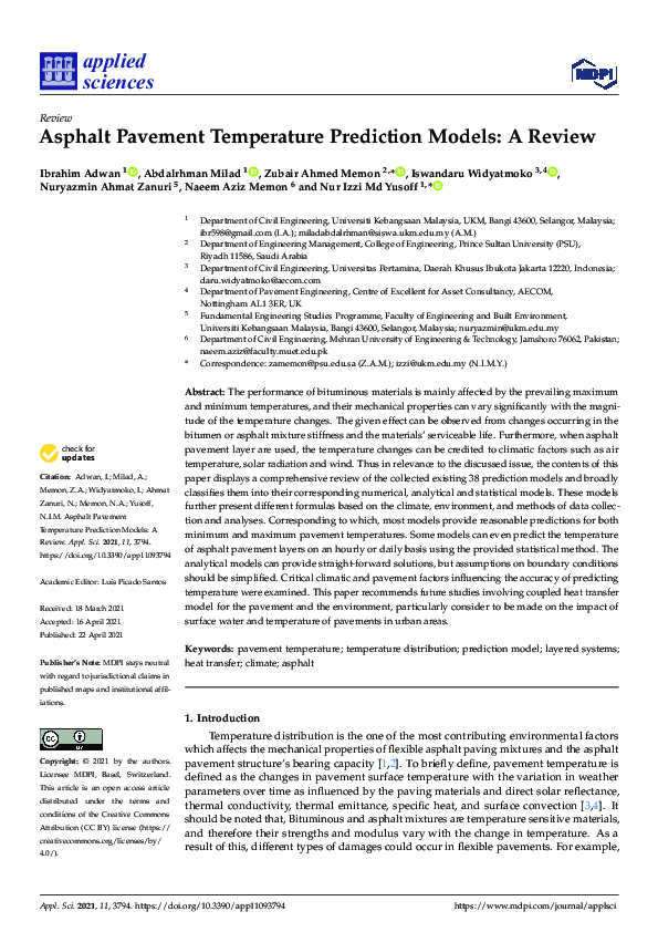 Pdf Asphalt Pavement Temperature Prediction Models A Review