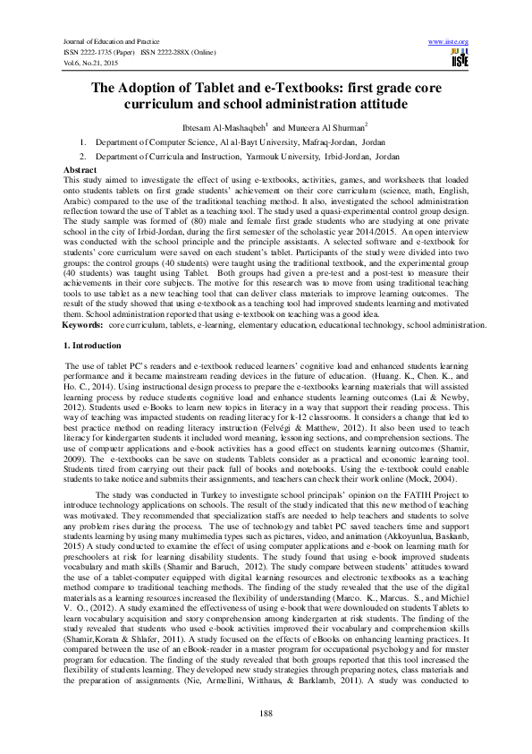 (PDF) The Adoption of Tablet and E-Textbooks: First Grade Core ...