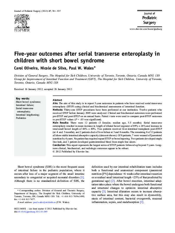 (PDF) Five-year outcomes after serial transverse enteroplasty in ...