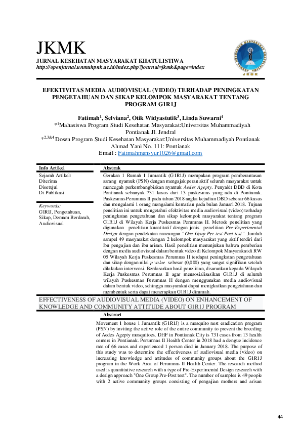 (PDF) Efektivitas Media Audiovisual (Video) Terhadap Peningkatan Pengetahuan Dan Sikap Kelompok ...