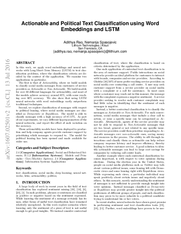 Pdf Actionable And Political Text Classification Using Word Embeddings And Lstm Nemanja