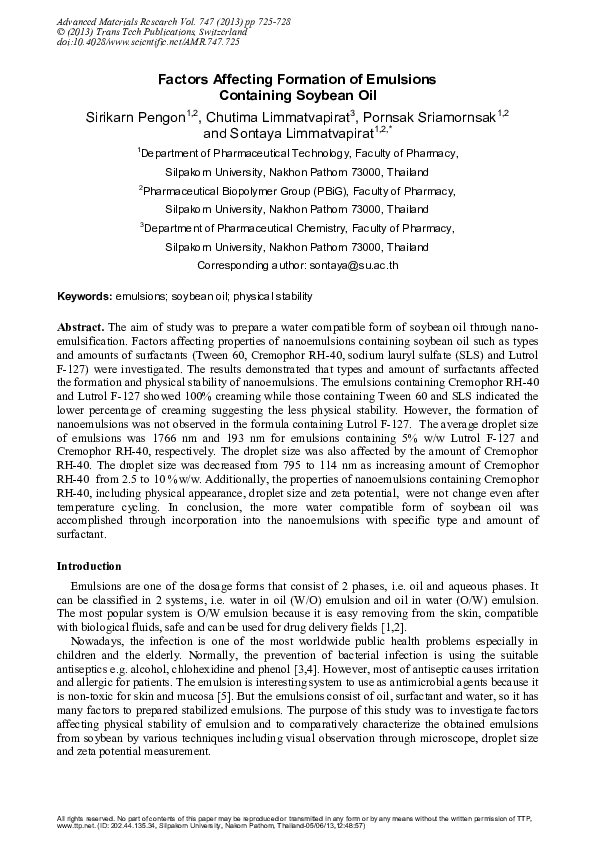 (PDF) Factors Affecting Formation of Emulsions Containing Soybean Oil