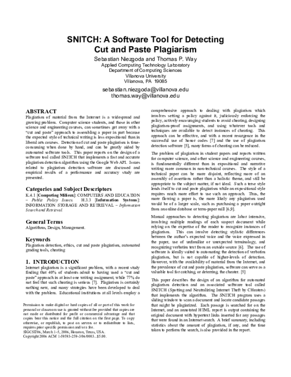 (PDF) SNITCH: a software tool for detecting cut and paste plagiarism