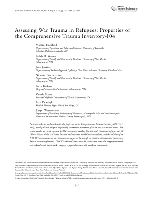 (PDF) Assessing war trauma in refugees: Properties of the Comprehensive ...