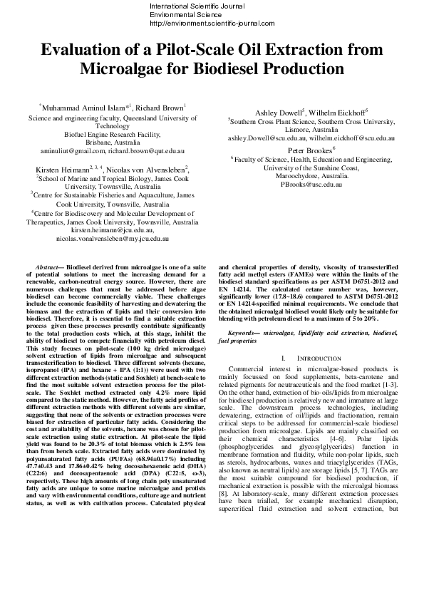 (PDF) Evaluation of a pilot-scale oil extraction from microalgae for ...