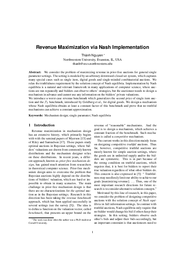 (PDF) Revenue Maximization via Nash Implementation