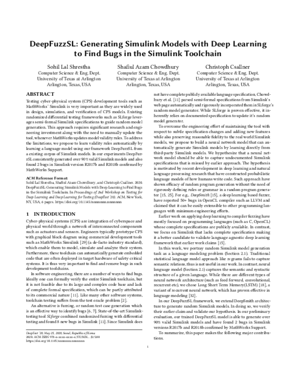 Pdf Deepfuzzsl Generating Simulink Models With Deep Learning To Find Bugs In The Simulink