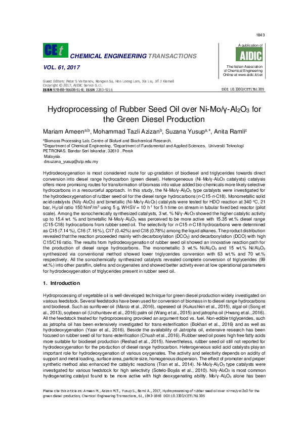 (PDF) Hydroprocessing of rubber seed oil over ni-mo/?-al2o3 for the ...