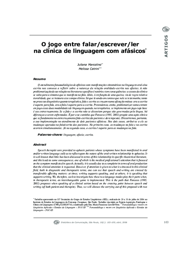 (PDF) O jogo entre falar/escrever/ler na clínica de linguagem com afásicos