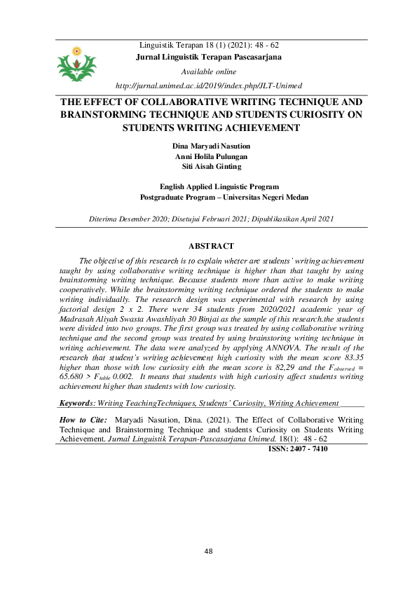 (PDF) The Effect of Collaborative Writing Technique and Brainstorming ...