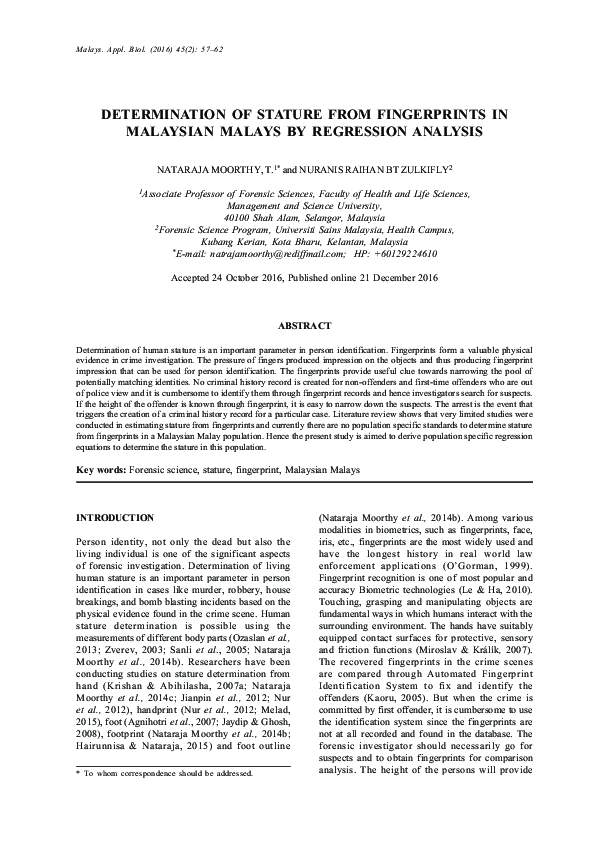 (PDF) Determination of stature from fingerprints in Malaysian Malays by ...