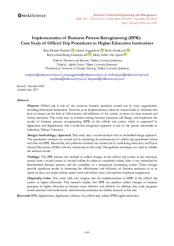 (PDF) Implementation of business process reengineering (BPR): Case study of official trip ...