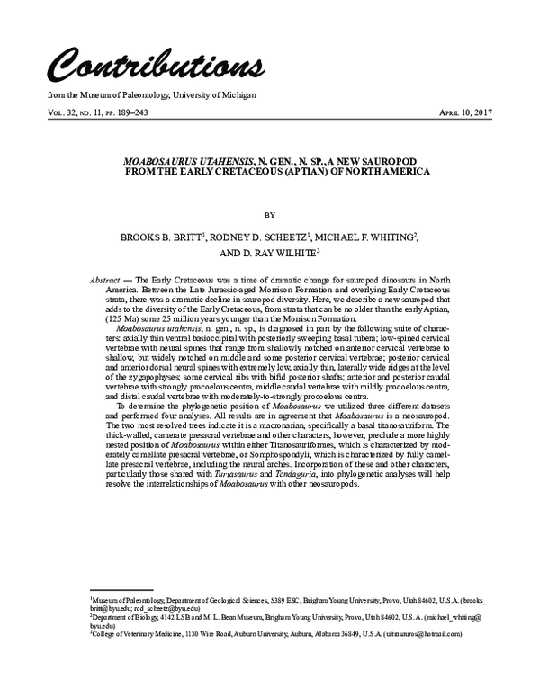 (PDF) MOABOSAURUS UTAHENSIS, N. Gen., N. SP., A New Sauropod From The ...