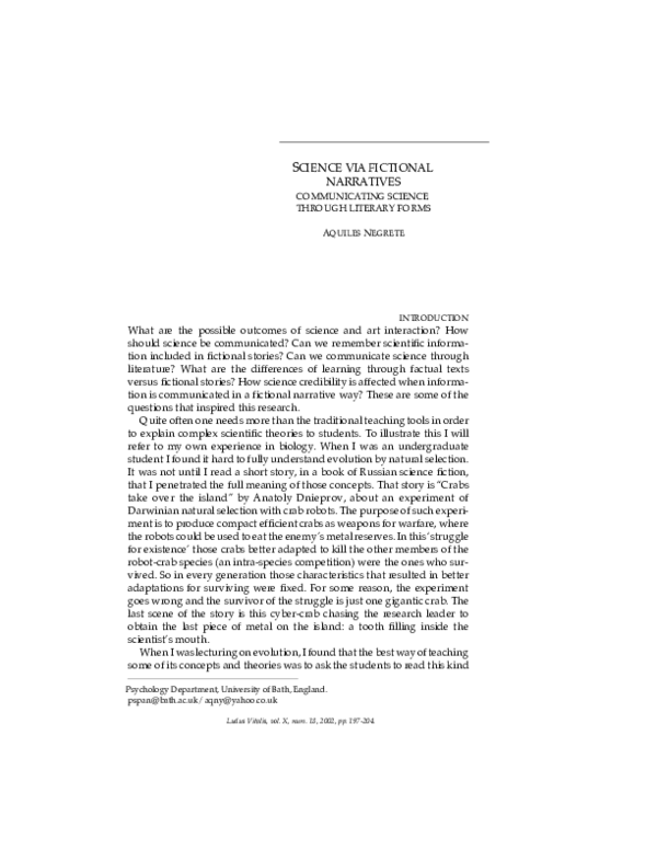 Pdf Science Via Fictional Narratives