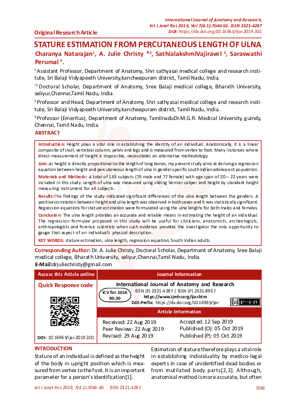 (PDF) Stature Estimation from Percutaneous Length of Ulna