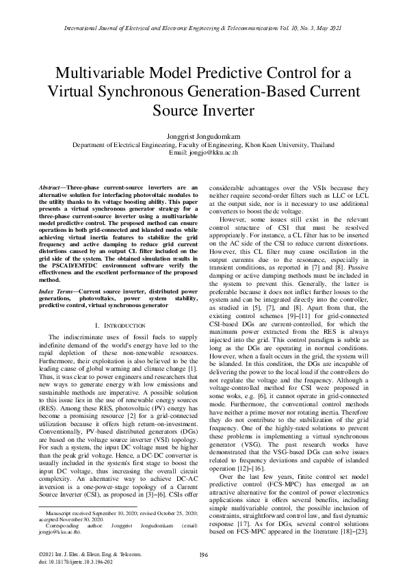 Pdf Multivariable Model Predictive Control For A Virtual Synchronous Generation Based Current