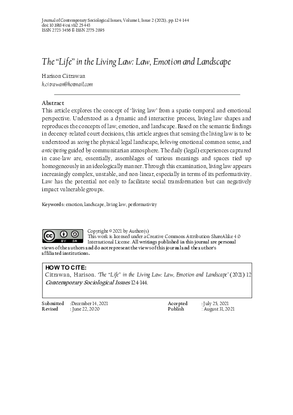 (PDF) The “Life” in the Living Law: Law, Emotion and Landscape