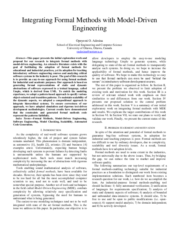Pdf Integrating Formal Methods With Model Driven Engineering