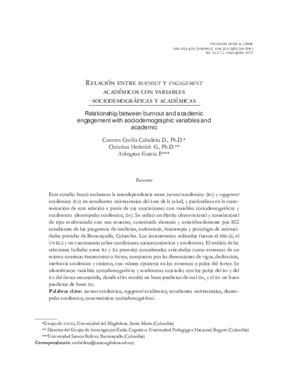 (PDF) Relación entre burnout y engagement académicos con variables sociodemográficas y académicas