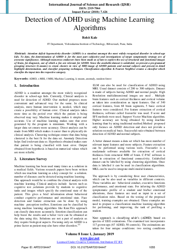 (PDF) Detection of ADHD using Machine Learning Algorithms