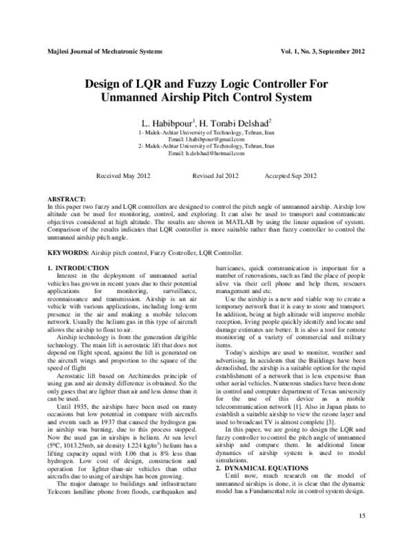 Pdf Design Of Lqr And Fuzzy Logic Controller For Unmanned Airship Pitch Control System
