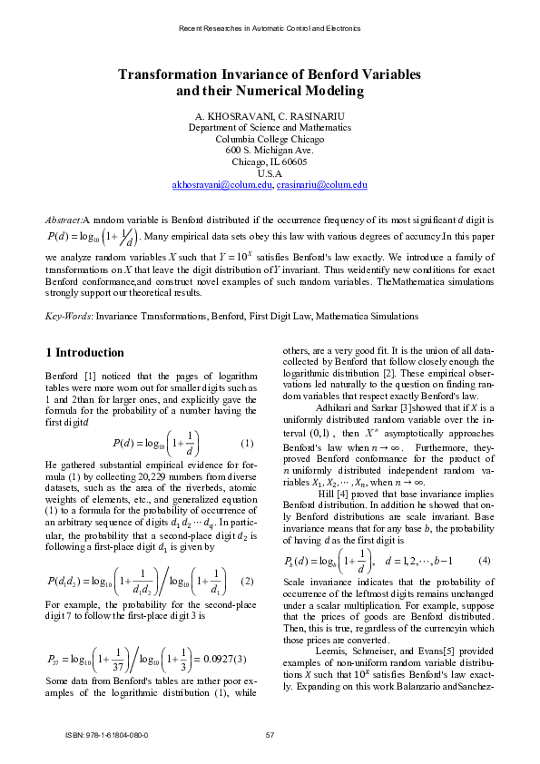 Pdf Transformation Invariance Of Benford Variables And Their Numerical Modeling