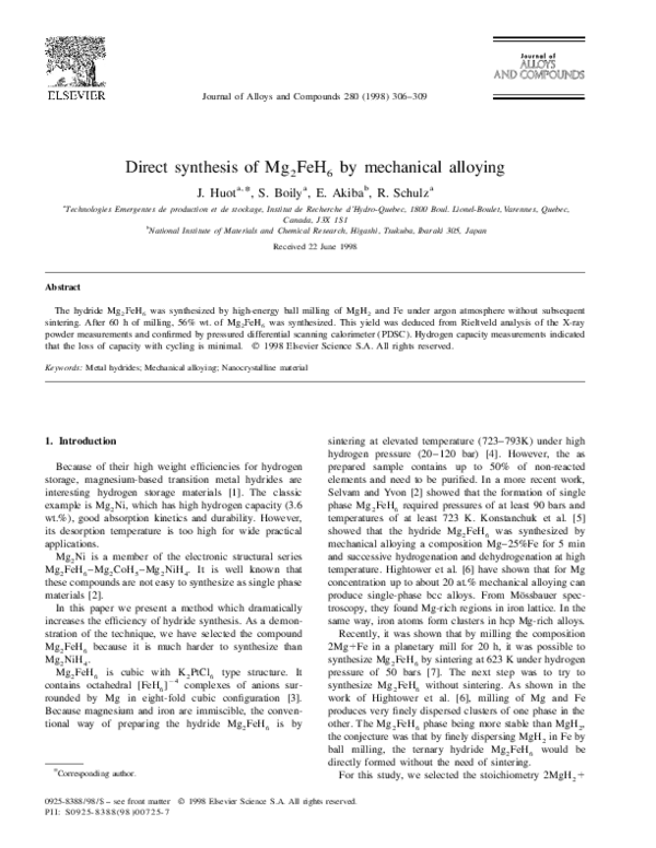 (PDF) Direct synthesis of Mg2FeH6 by mechanical alloying