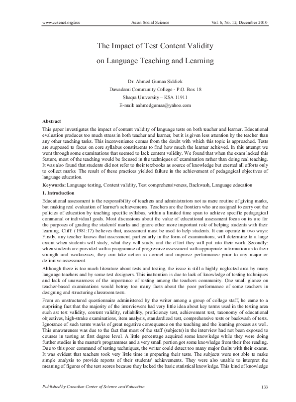 (PDF) The Impact of Test Content Validity on Language Teaching and Learning