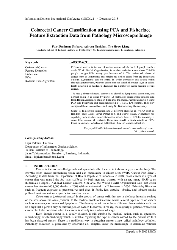 (PDF) Colorectal Cancer Classification using PCA and Fisherface Feature ...
