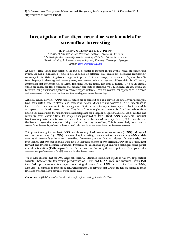 Pdf Investigation Of Artificial Neural Network Models For Streamflow Forecasting Huynh Tran