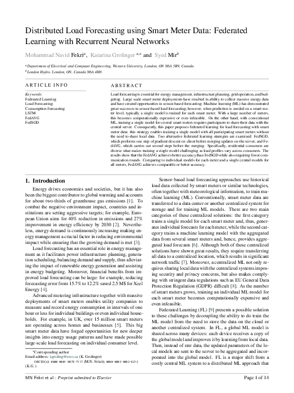 Pdf Distributed Load Forecasting Using Smart Meter Data Federated Learning With Recurrent