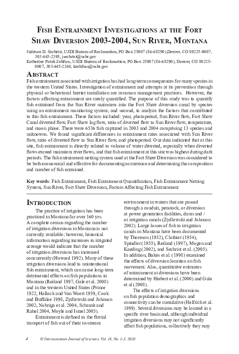 (PDF) Fish Entrainment Investigations at the Fort Shaw Diversion 2003 ...
