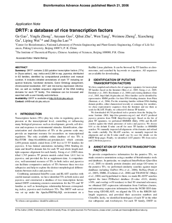 (PDF) DRTF: a database of rice transcription factors