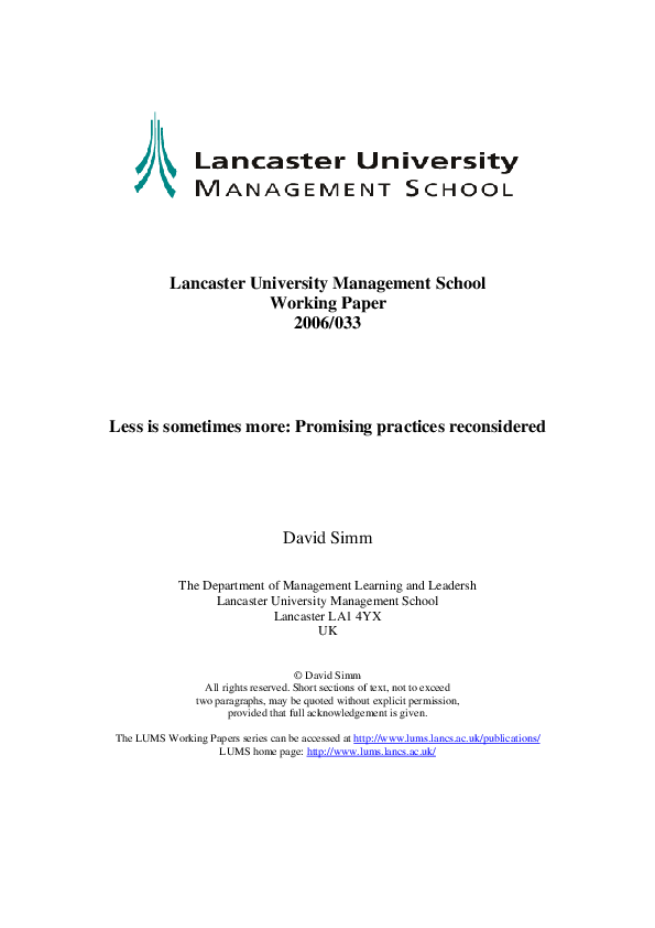 (PDF) Less is sometimes more: promising practices reconsidered