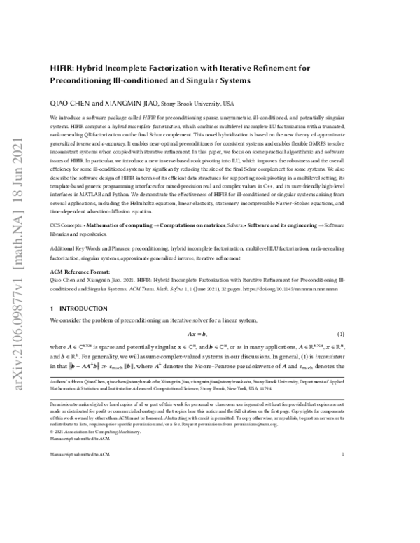 Pdf Hifir Hybrid Incomplete Factorization With Iterative Refinement For Preconditioning Ill